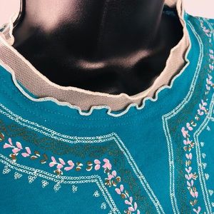 Tops | Turquoise T With Sheer White Mesh Frills | Poshmark
